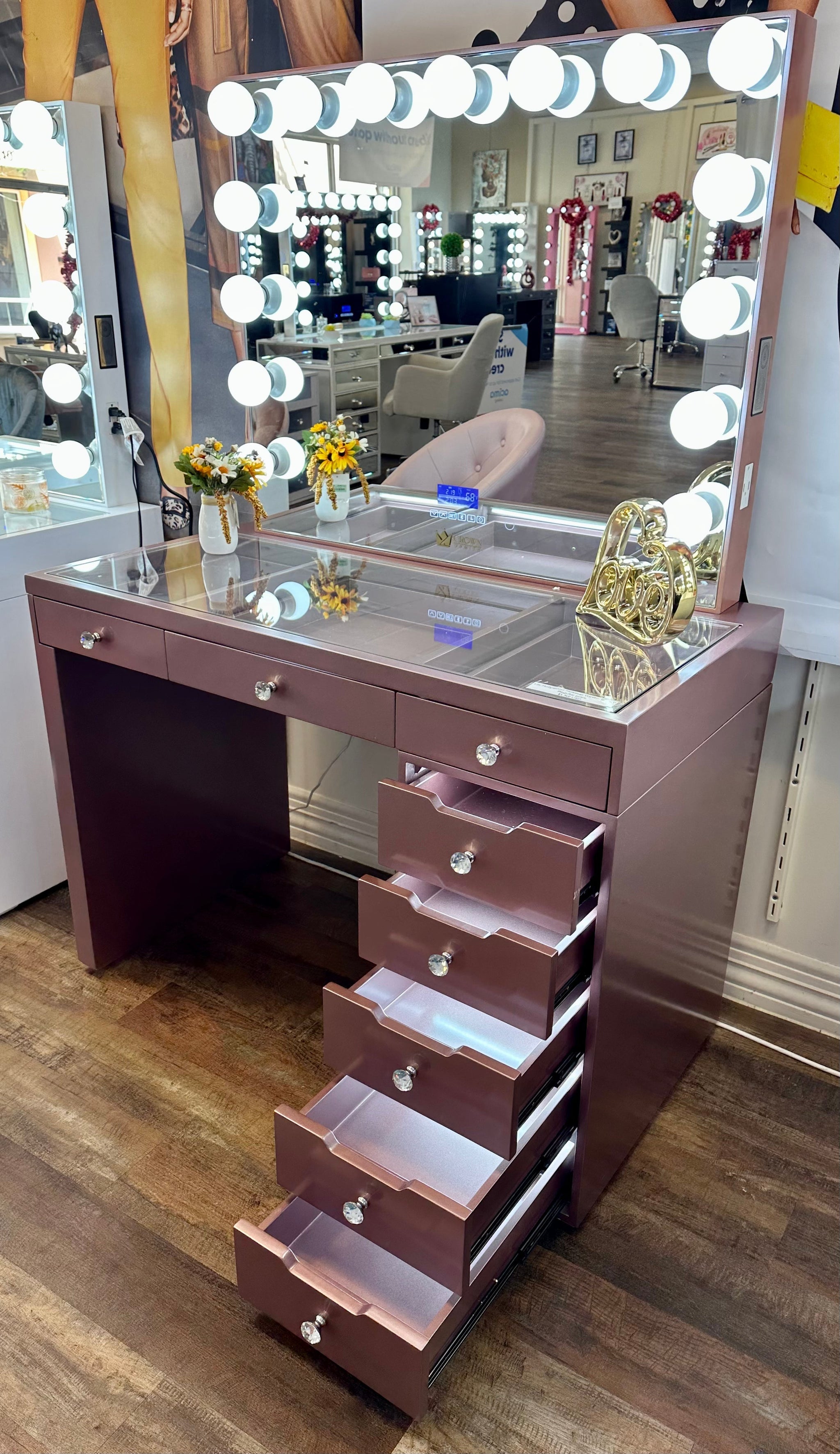 Ella Hollywood Makeup Vanity Station Rose Gold with Bluetooth speaker ...